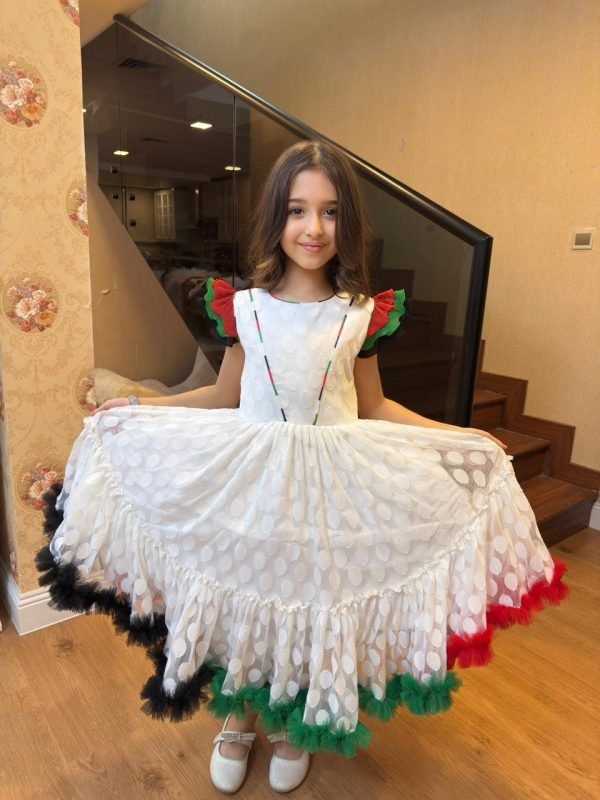 White Polka Dot UAE National Day Dress For Girls with Multi-Colored ...